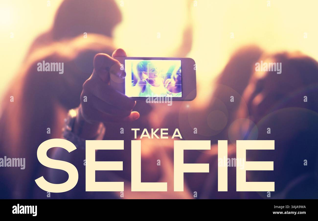 Selfie, overlay and phone screen at a music festival for photography ...