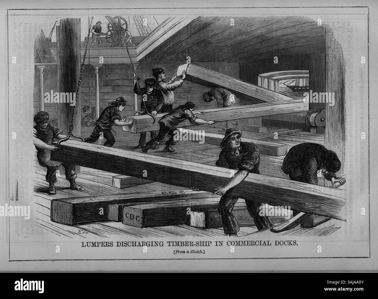 Illustration of 'Lumpers Discharging Timber-ship in Commercial Docks ...