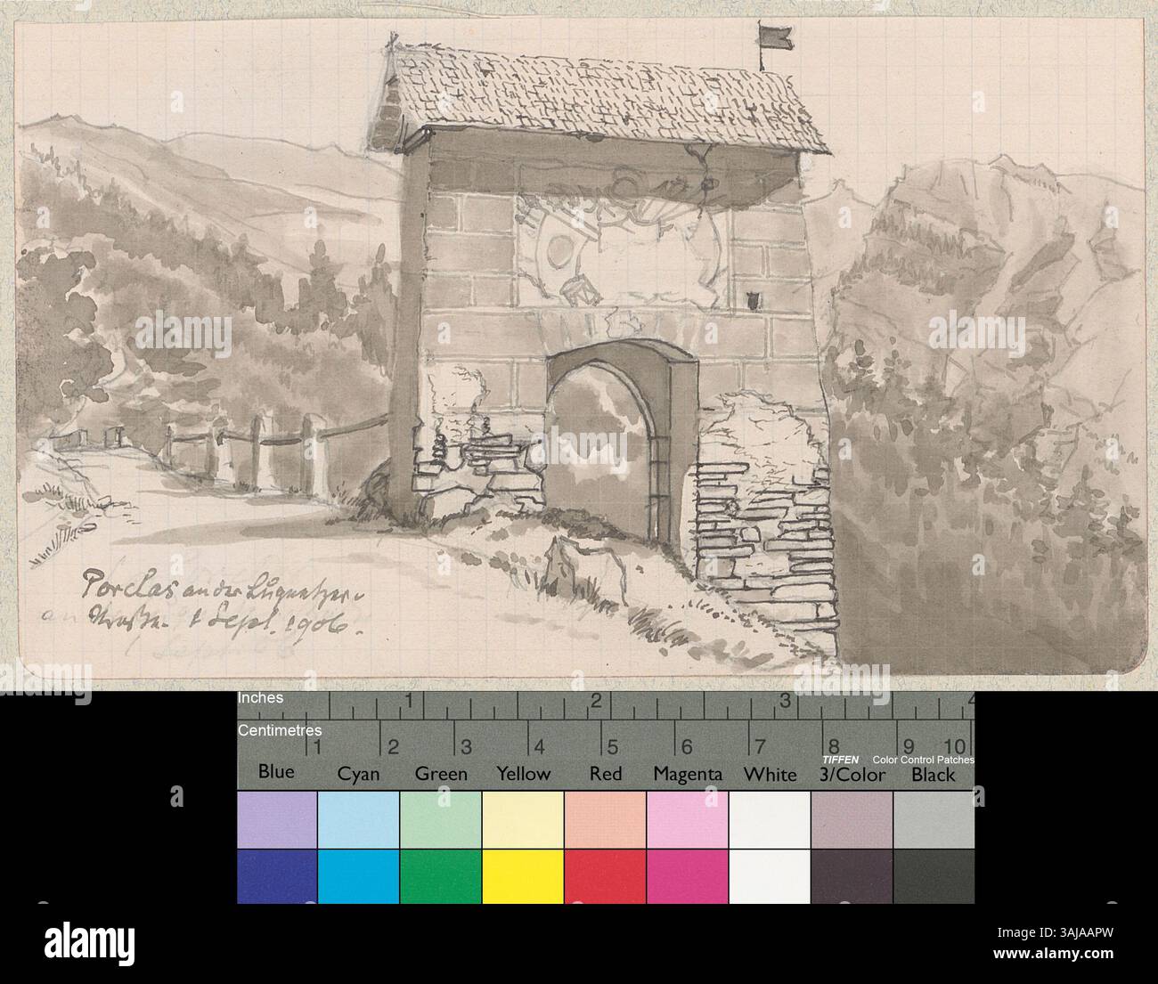 The depiction shows the Frauentor / Porclas in Cumbel, viewed from the ...