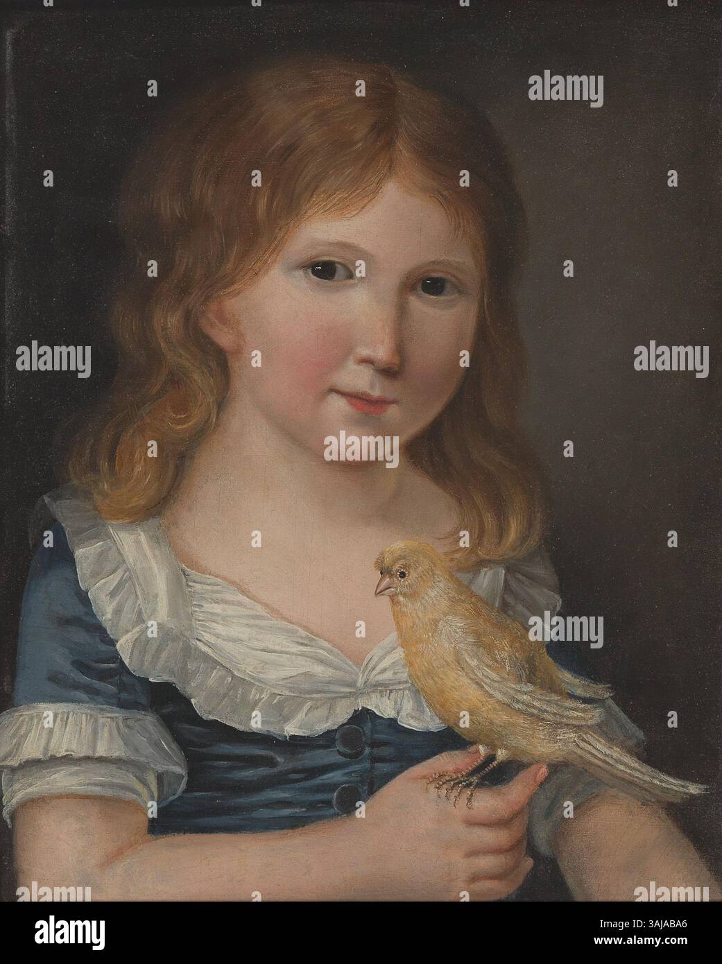 This circa 1815 portrait shows a girl holding a bird, painted in oil on ...