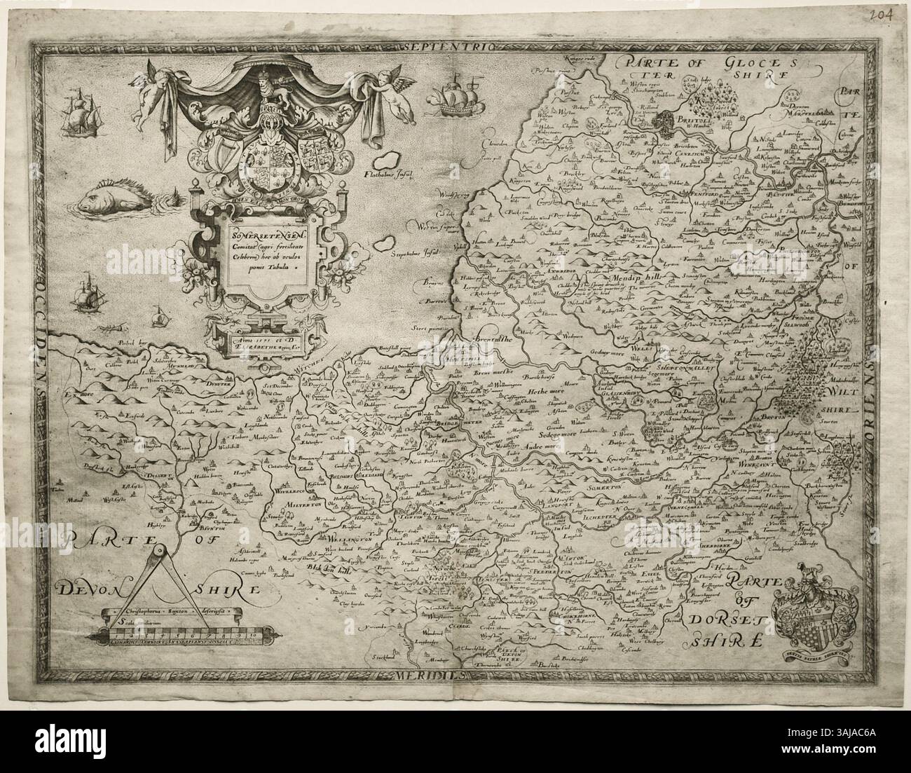 Christopher Saxton's 1579 uncoloured engraving of Somerset County in ...