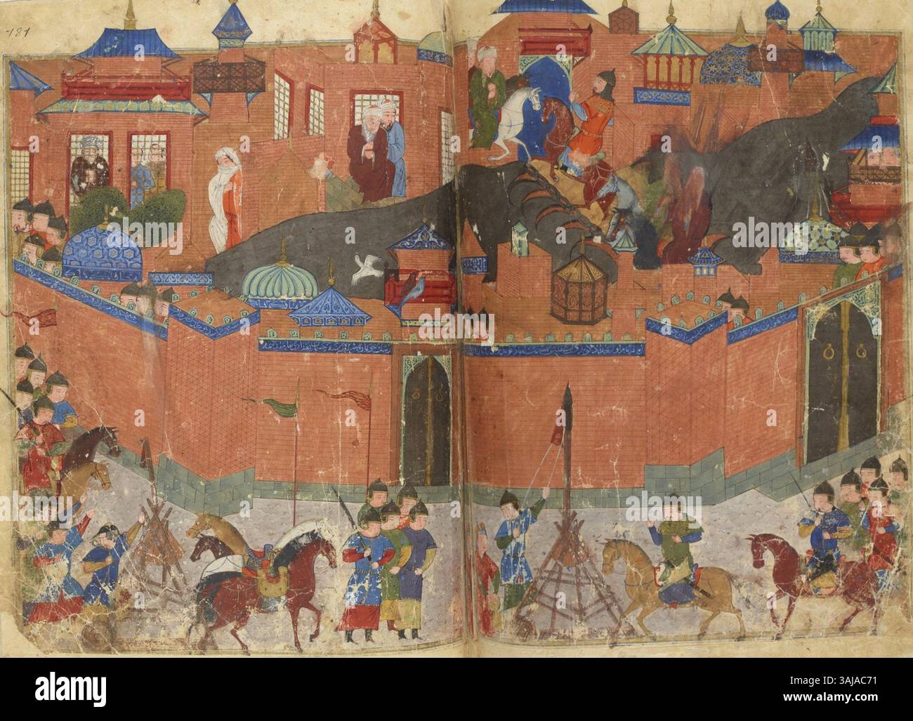 This cropped painting depicts the Mongol siege of Baghdad in 1258 ...