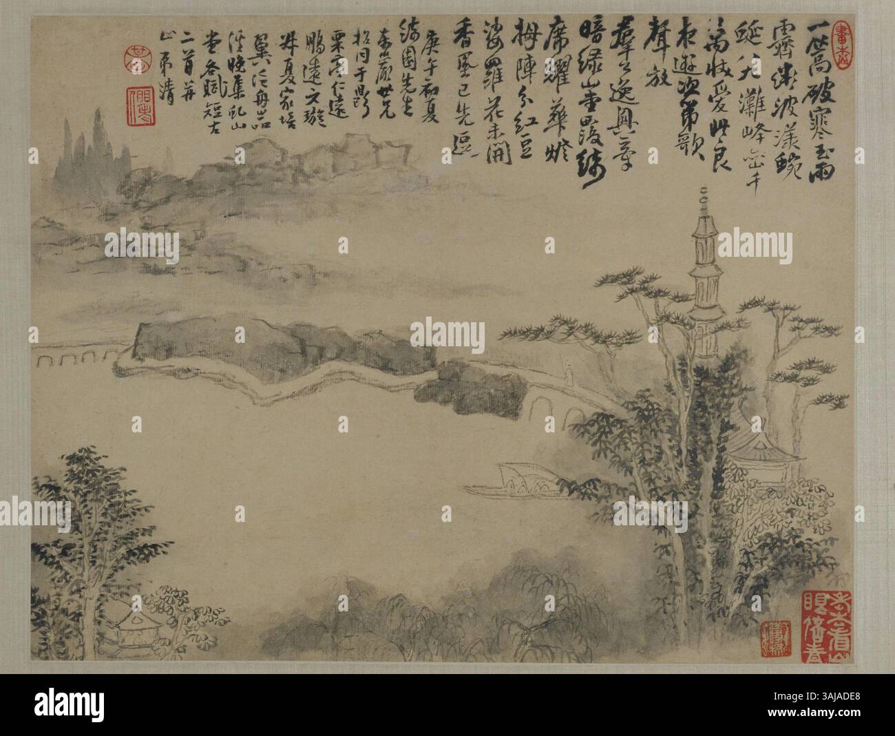 An ink and color painting by Mei Qing from the Qing Dynasty, depicting ...