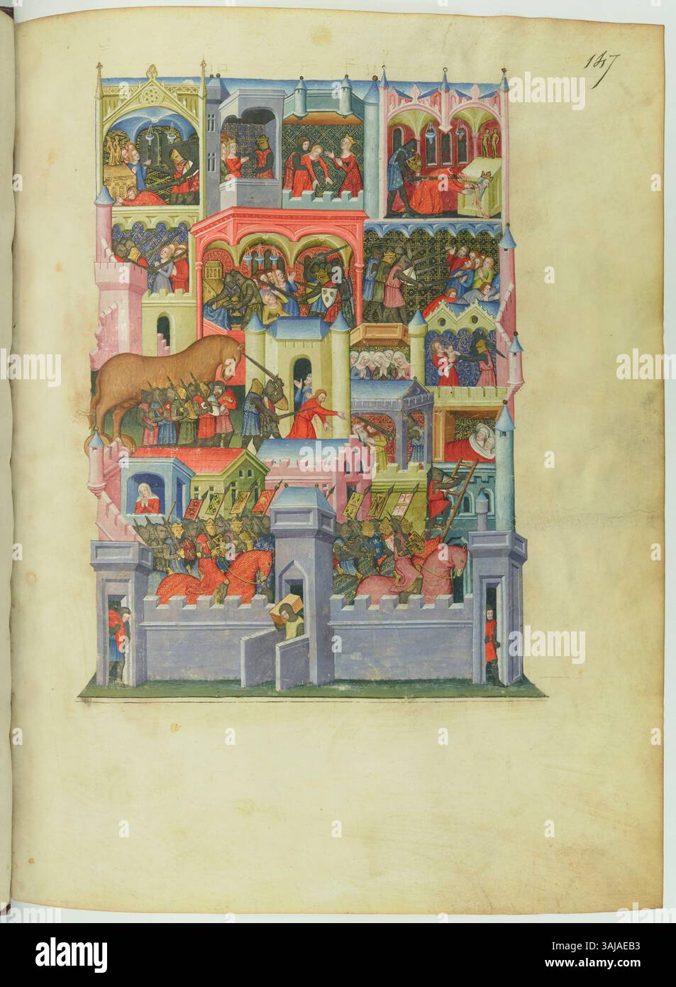 Miniature depicting the sack of Troy from the Livres des histoires du ...