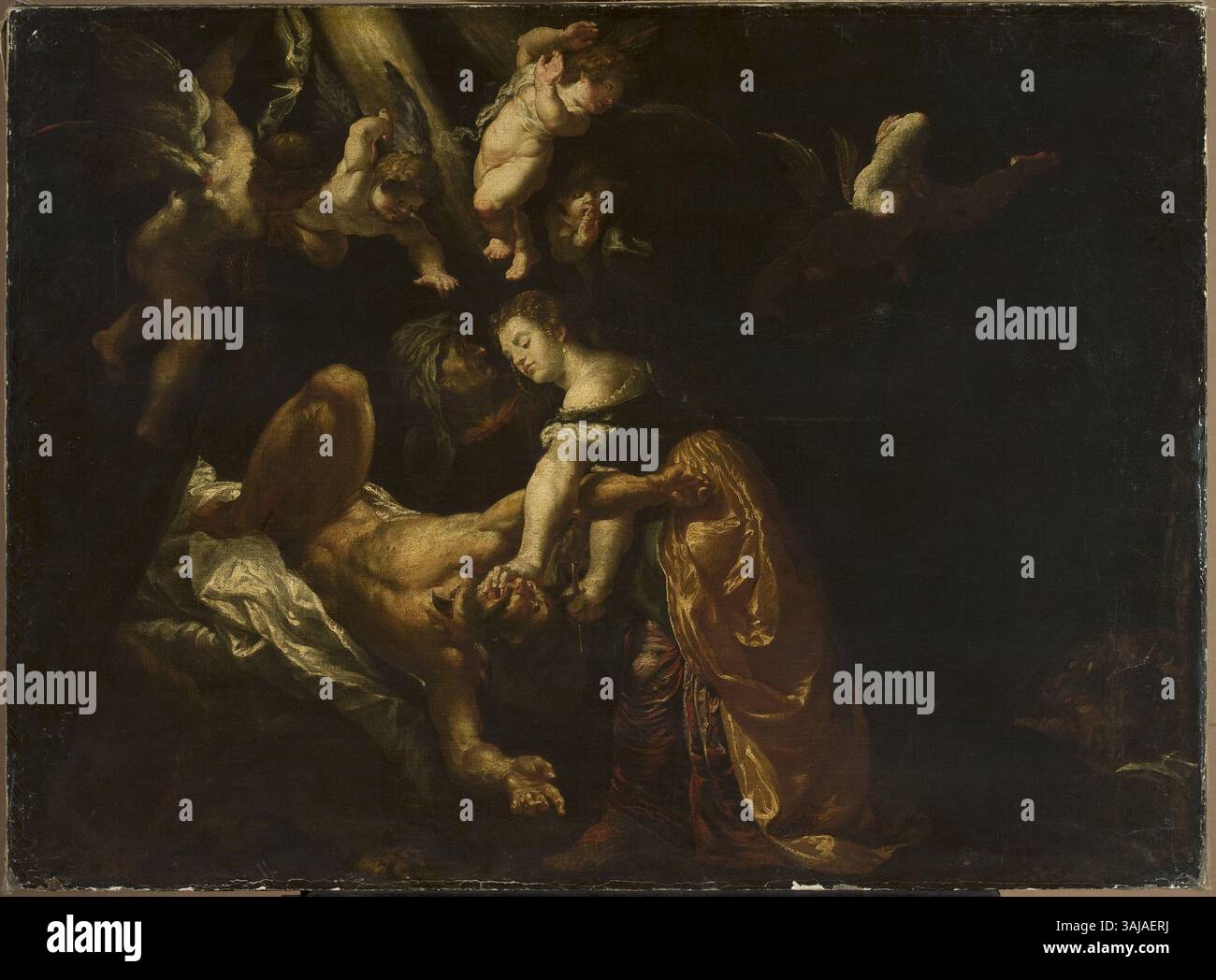 This painting, based on Peter Paul Rubens' work, depicts the biblical scene of Judith beheading ...