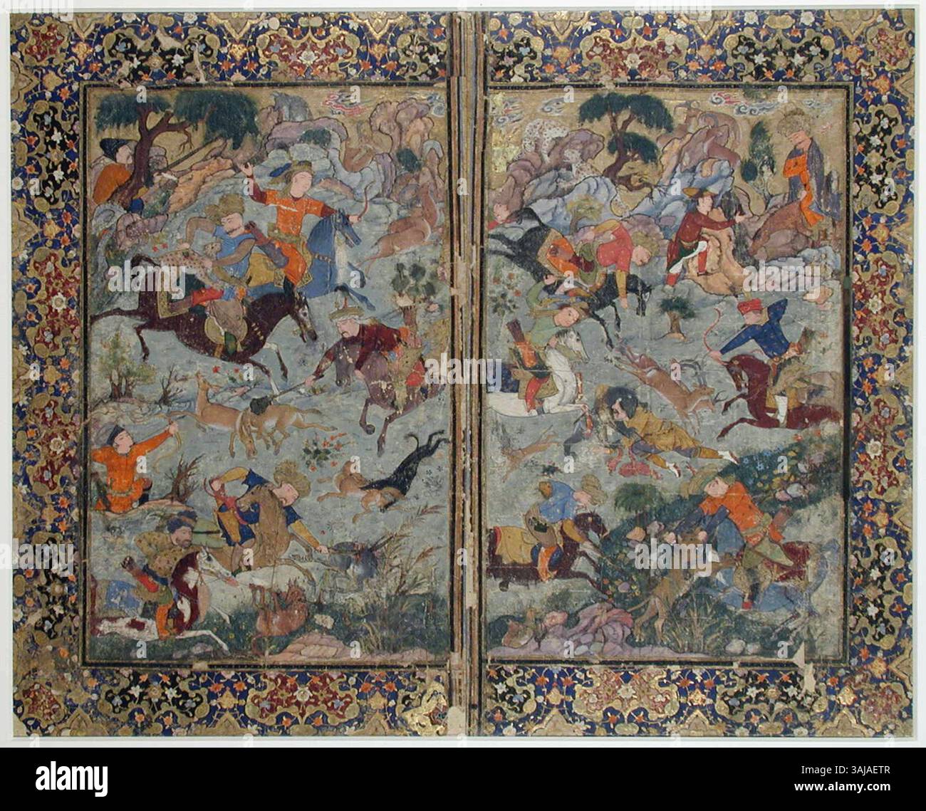 Manuscript painting of a royal hunting scene from 17th-century Iran ...