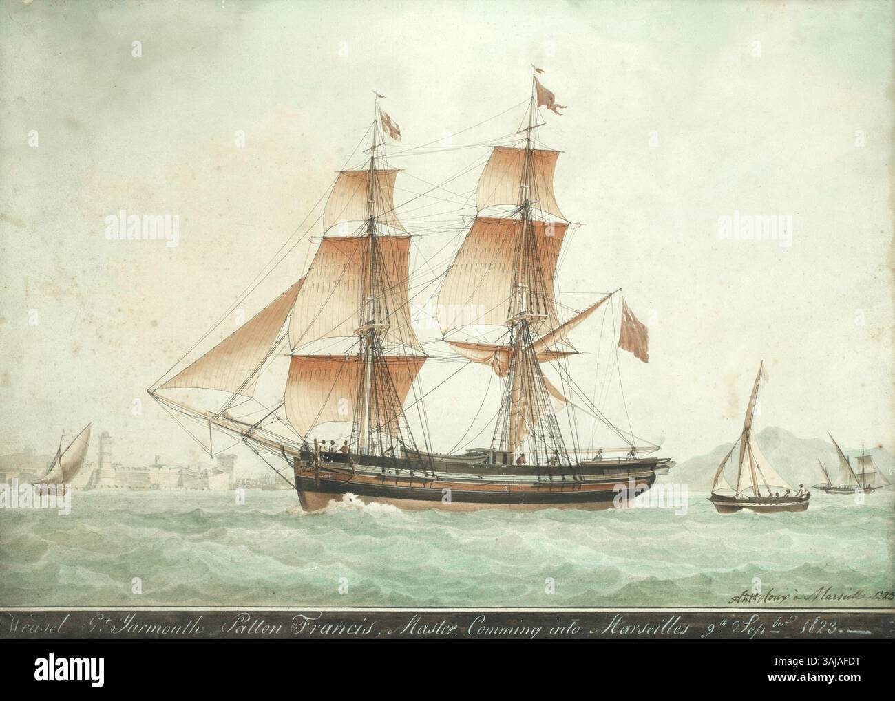 Watercolor by Antoine Roux depicting The Weasel arriving at Marseilles ...