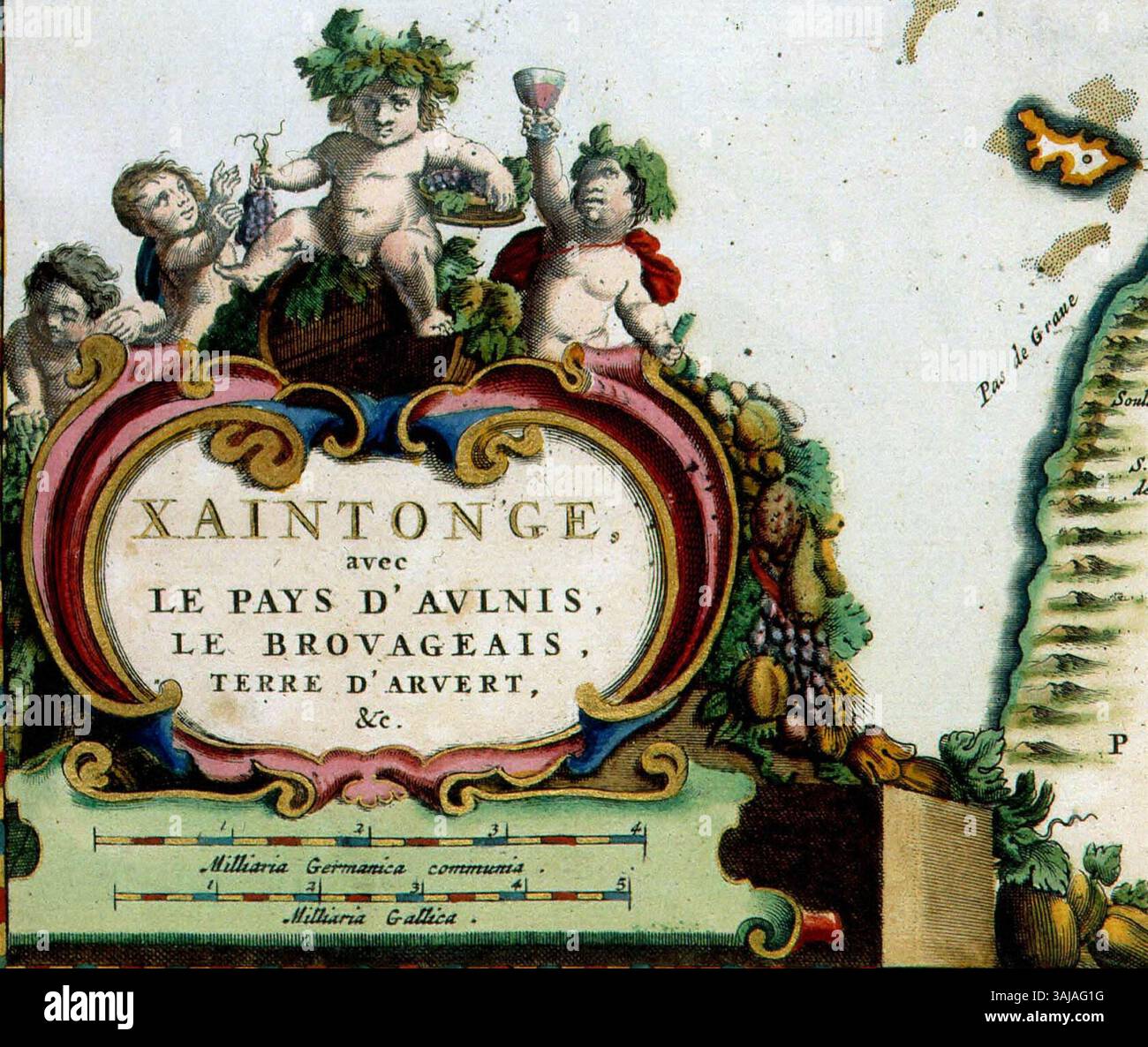 This 1662 map of Saintonge, published by Joan Blaeu, features a cartouche with a decorative ...