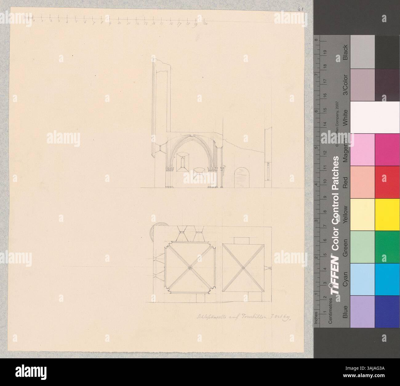 This print depicts a cross-section and floor plan of the chapel at the ...