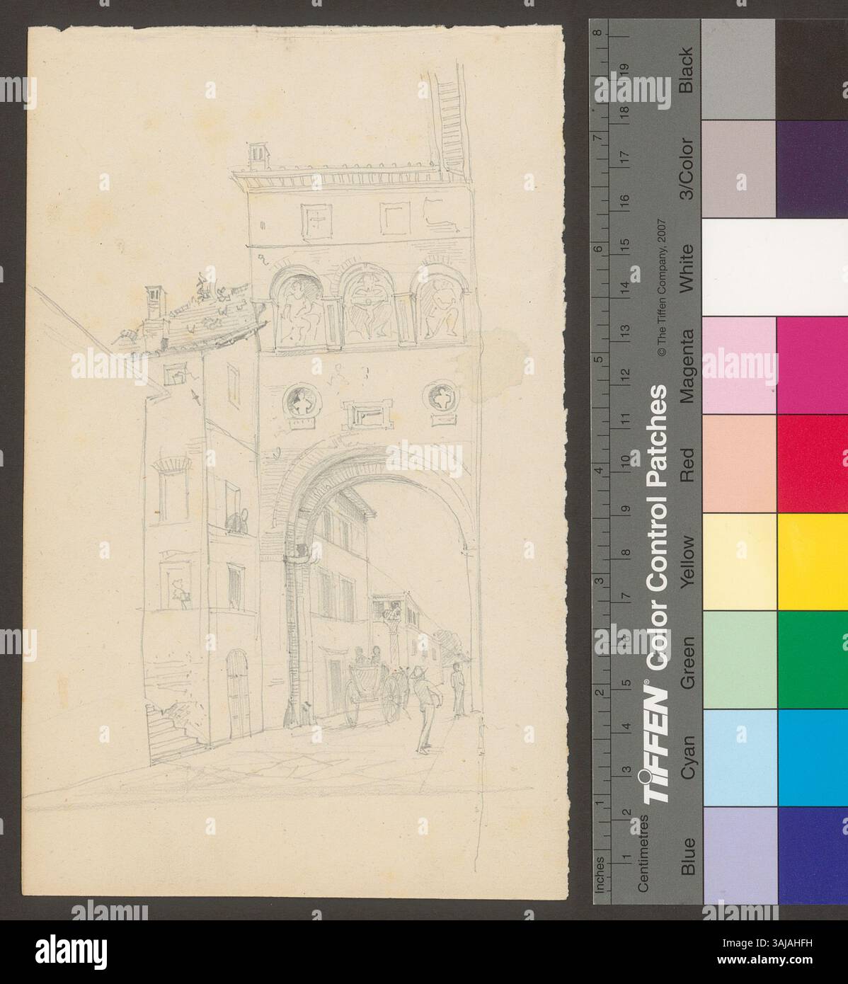 This artwork by Johann Rudolf Rahn depicts a city gate, a historical ...