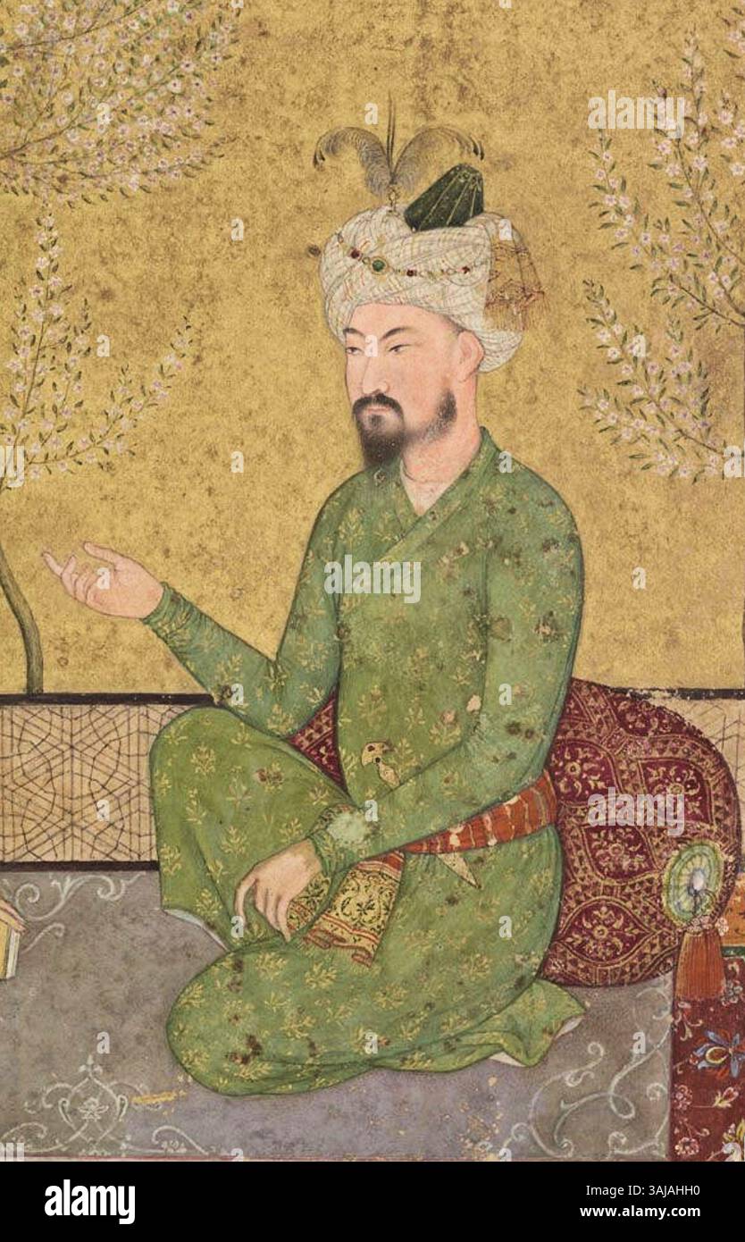 This c.1650 detail from the Late Shah Jahan album shows Babur, illustrating his role in Mughal ...