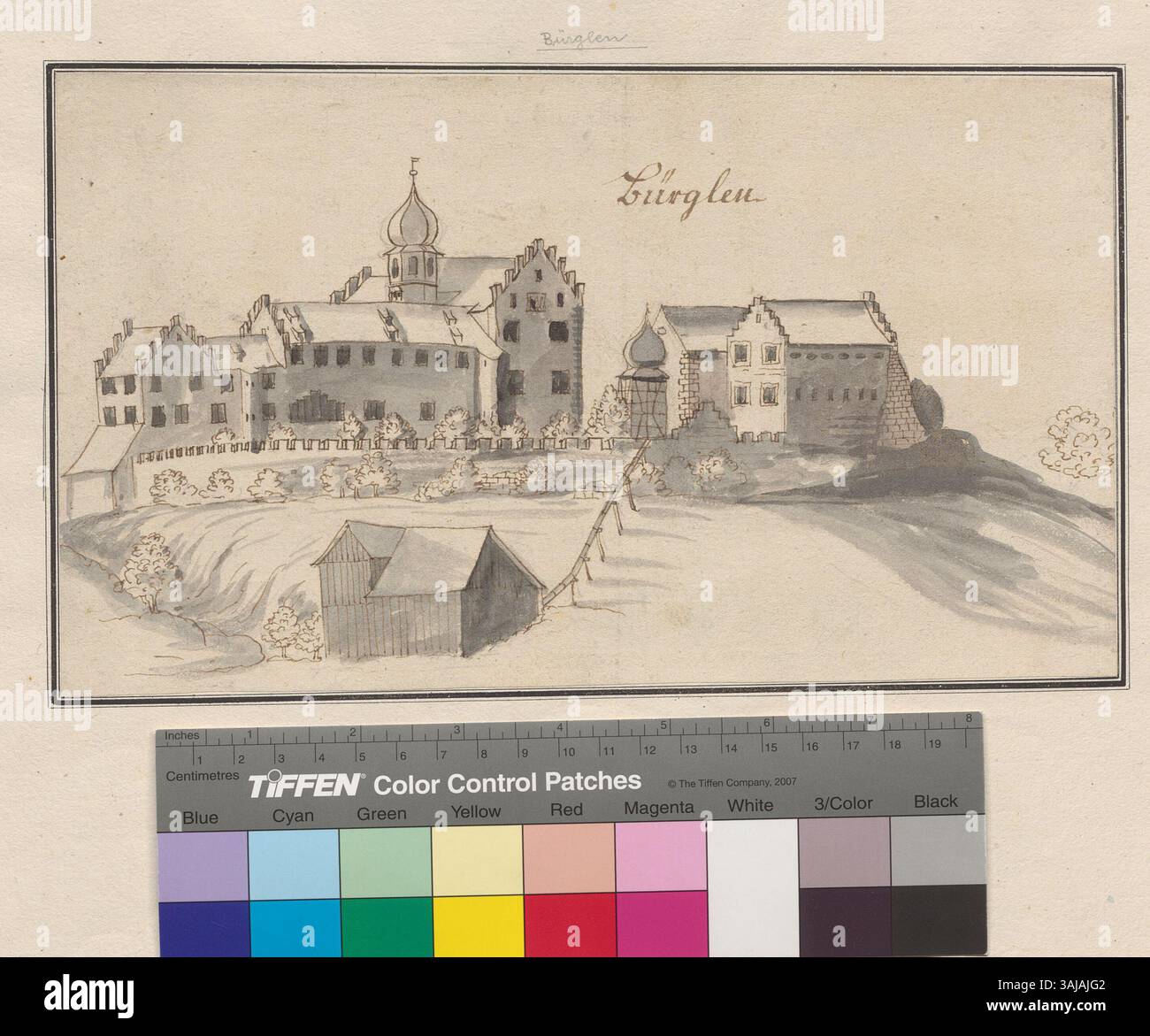 A 17th-century drawing of Bürglen, created with brown ink and gray ...