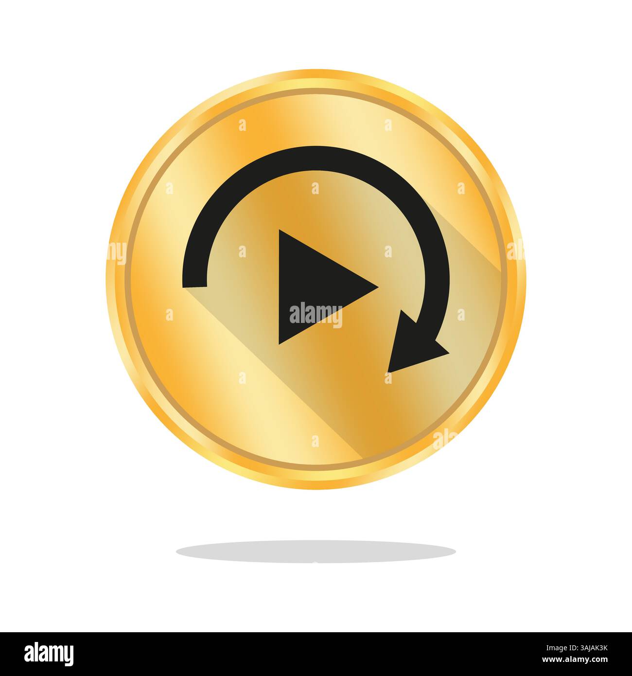 Repeat play icon. Golden glossy circle. Vector media button. Curved ...