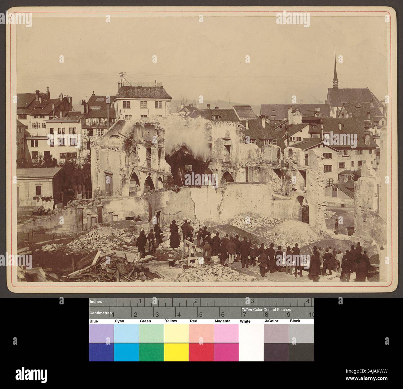 This image depicts the demolition of the gable of Zurich's theater ...