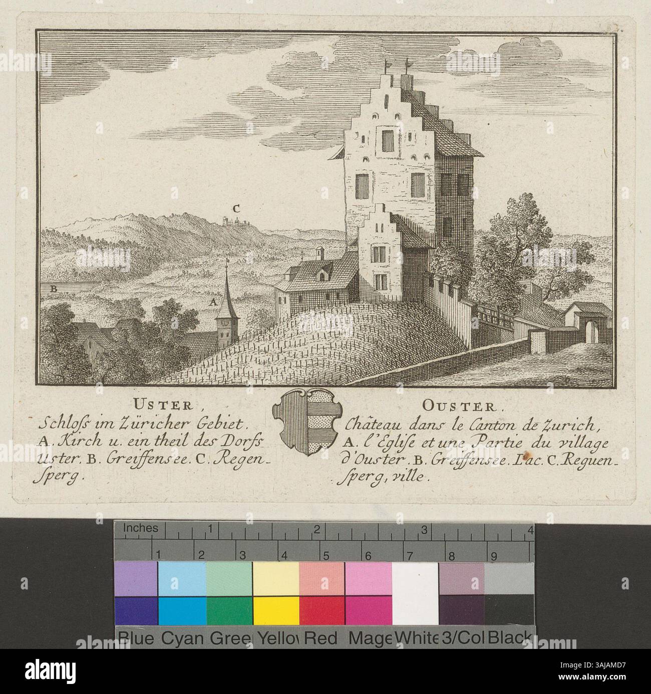 This etching from around 1755 presents Uster Castle in the Zurich region, with a view of the ...