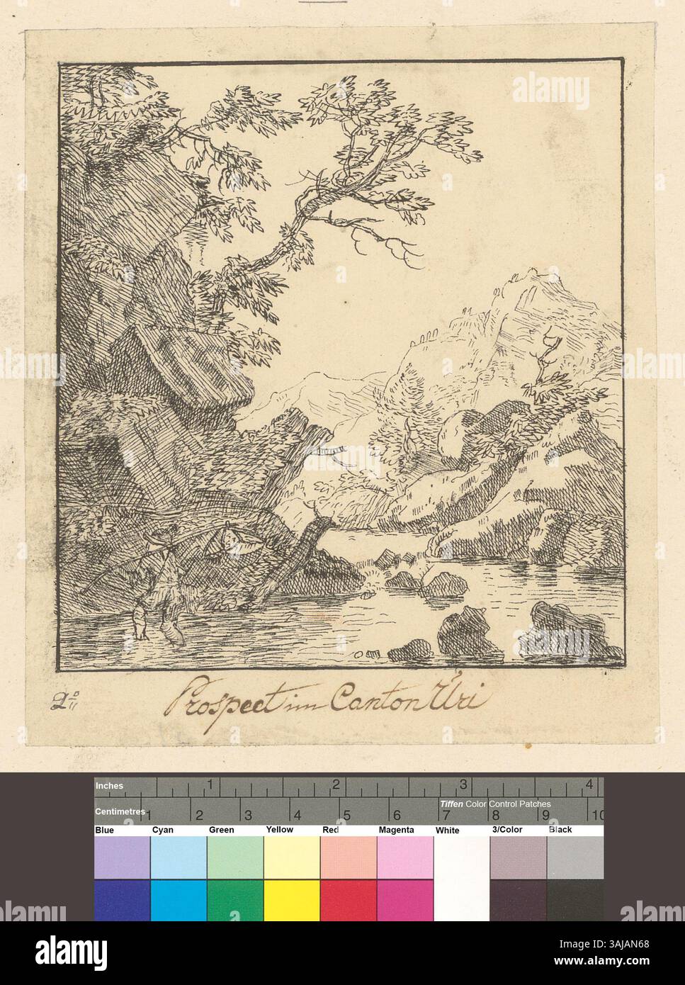 This 18th-century drawing depicts a river with an angler and net in the ...