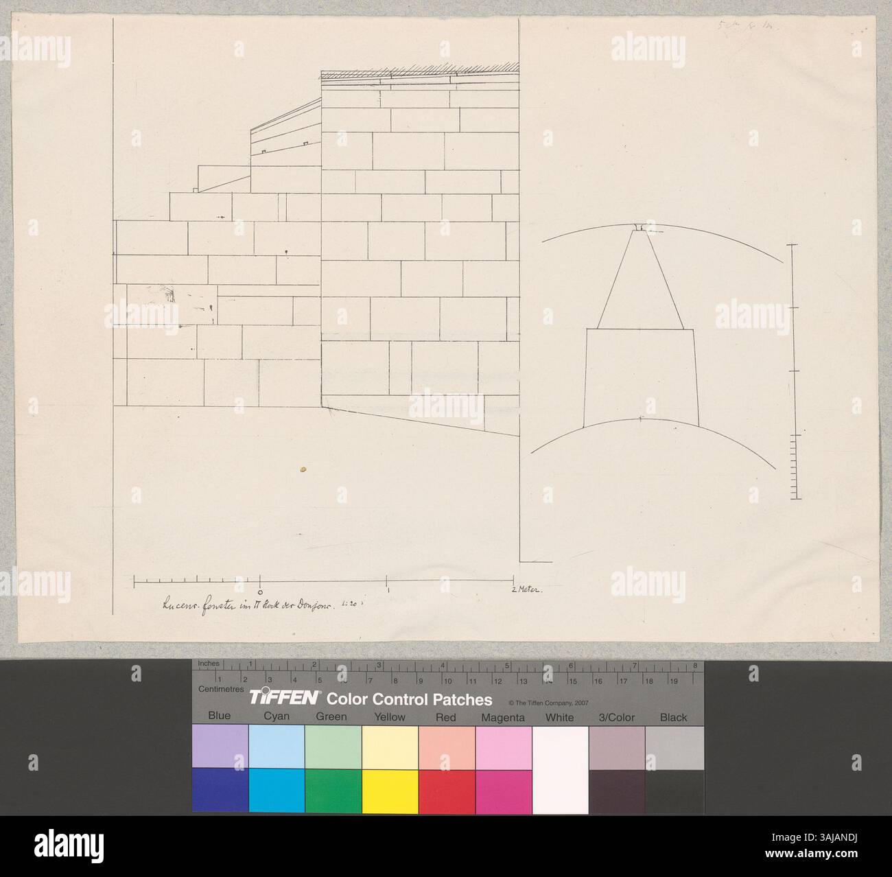 This illustration showcases two sketches of a window in the tower of ...