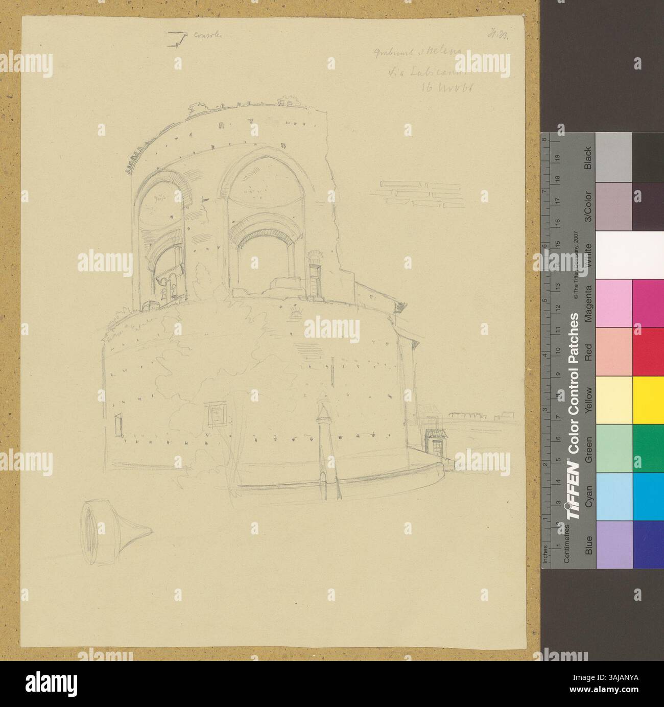 This 1866 drawing by Johann Rudolf Rahn shows the tomb of Helena on Via Labicana in Rome, Italy ...