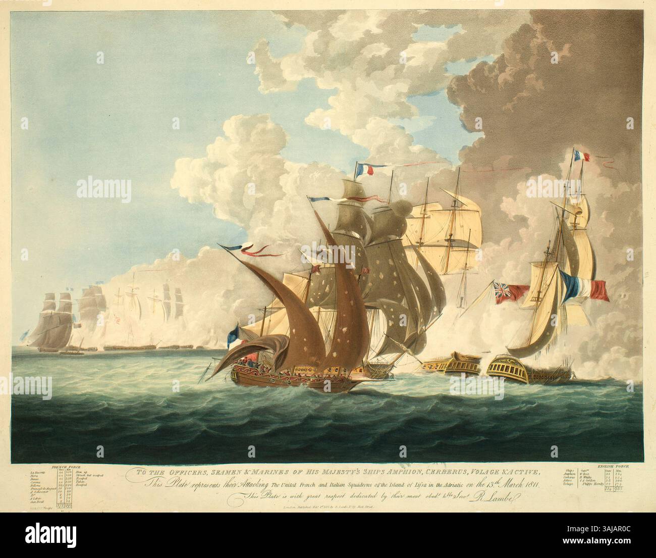 This print depicts the Battle of Lissa (1811), where a British squadron ...