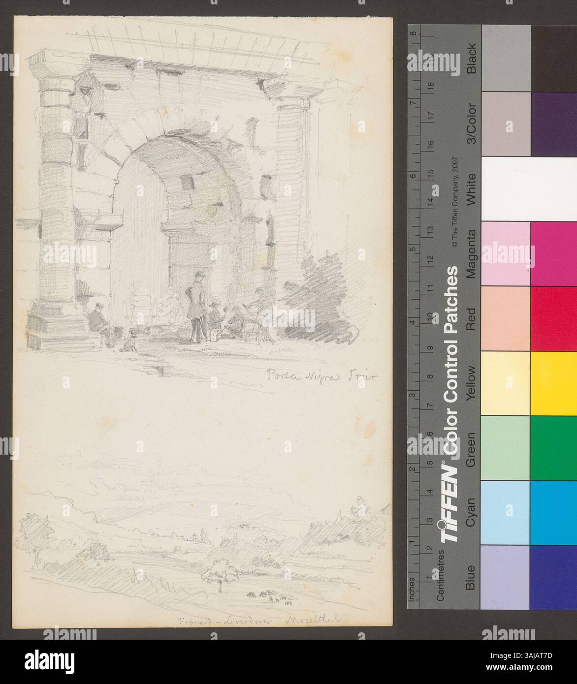 This artwork by Johann Rudolf Rahn depicts the Porta Nigra in Trier ...