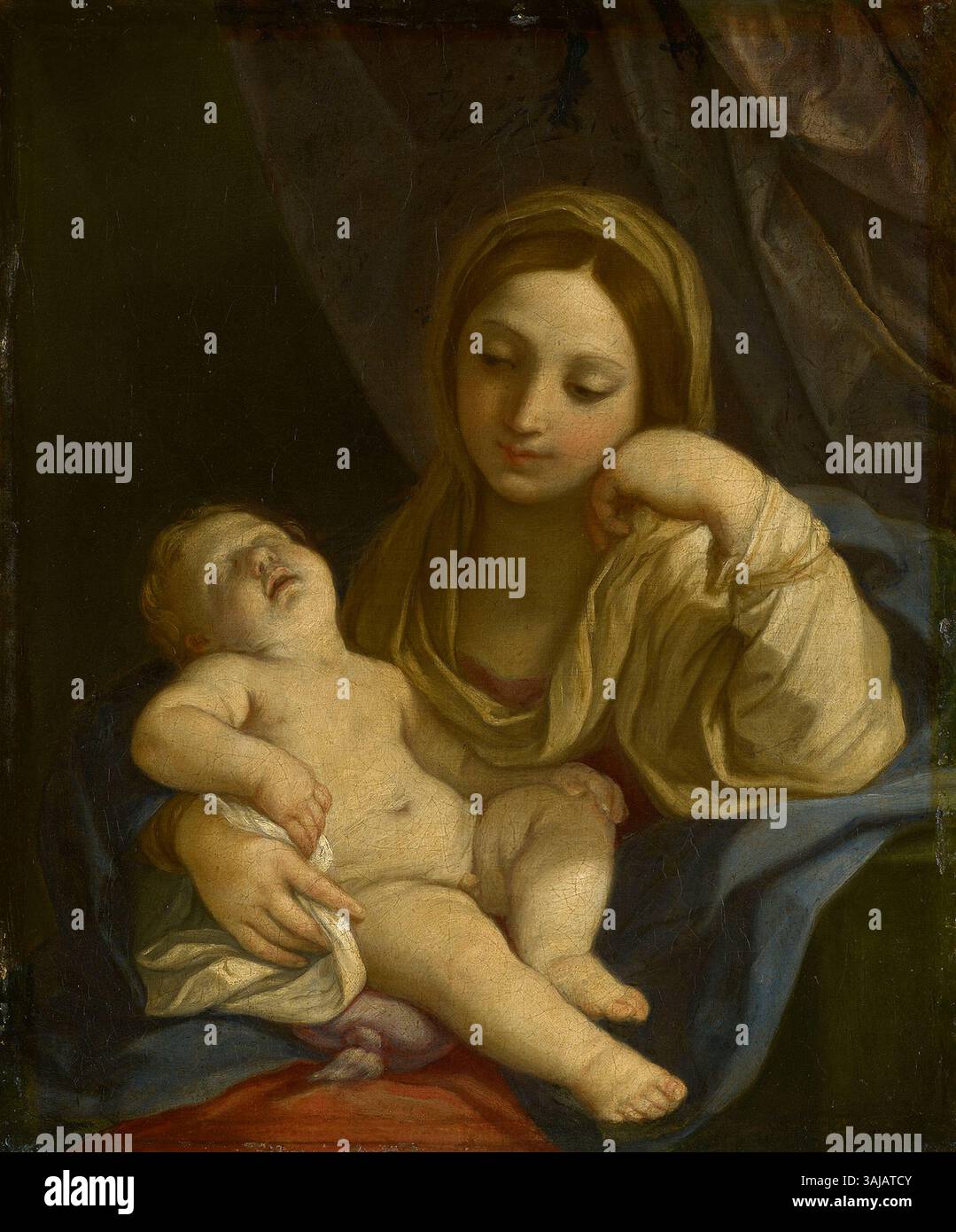 This religious painting, attributed to Guido Reni, depicts the Virgin Mary with the sleeping ...