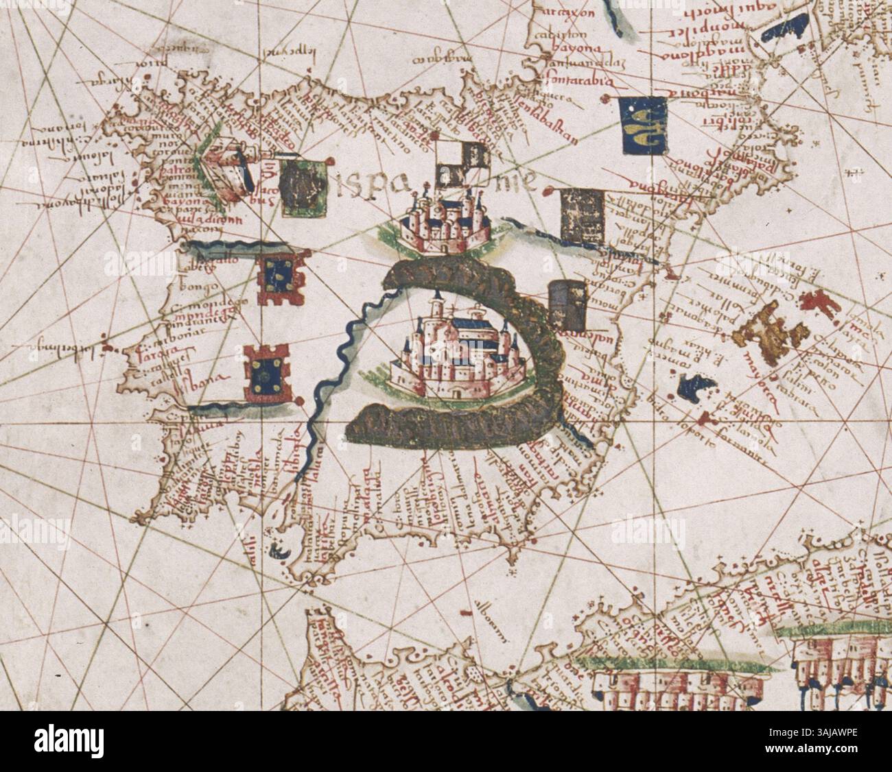A 1528 portolan chart by Jacobo Russo, depicting the Iberian Peninsula ...
