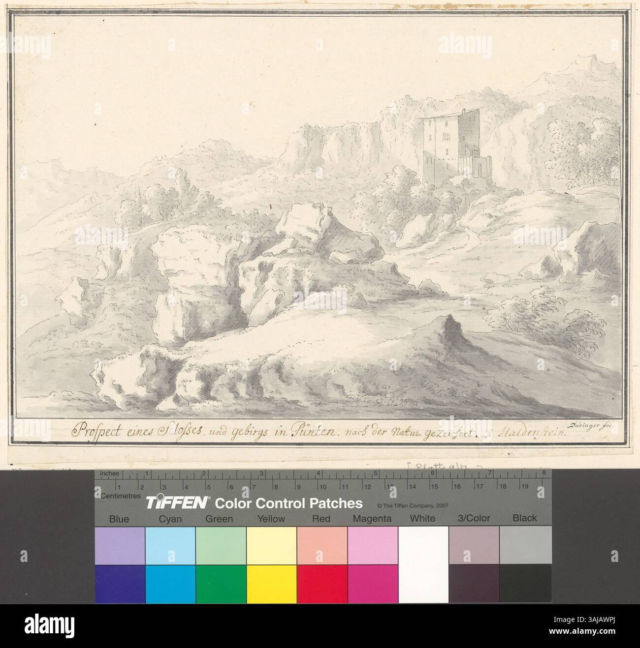 This mid-18th-century drawing features a view of Haldenstein Castle ...