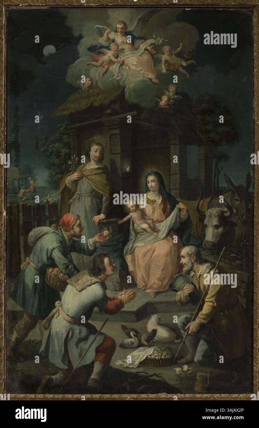 This 1762 oil on canvas depicts the biblical scene of the Adoration of ...