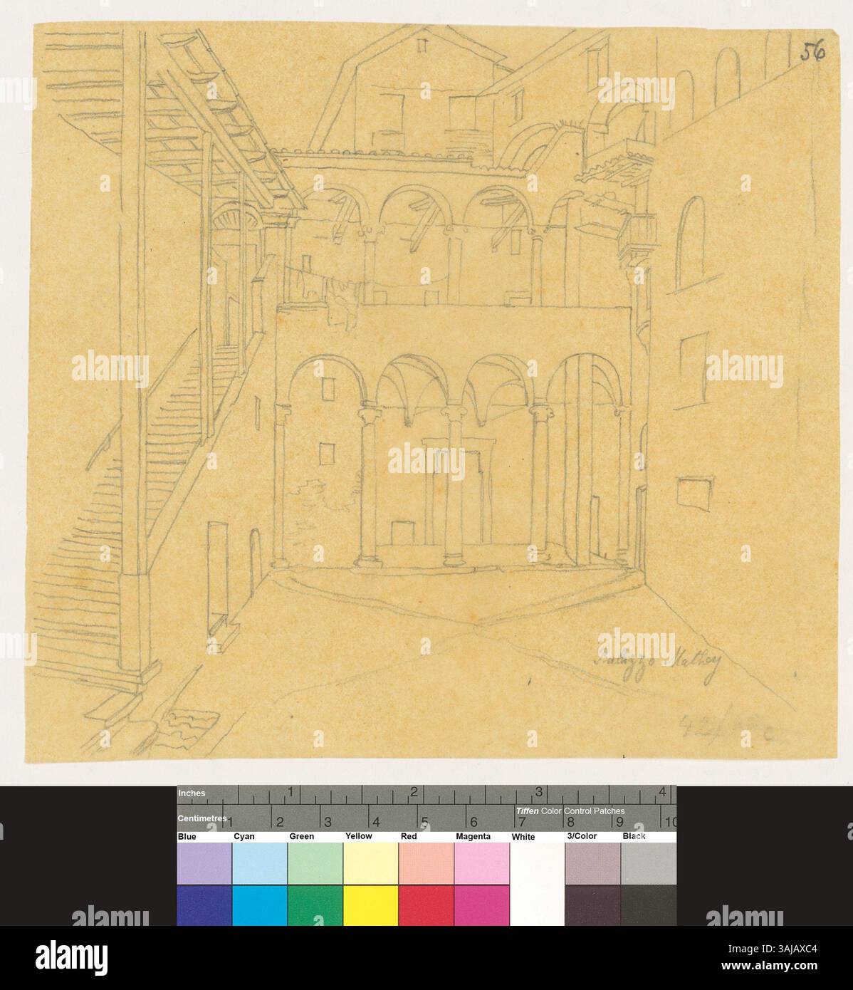 This print features the Palazzo Mathey, an architectural structure ...