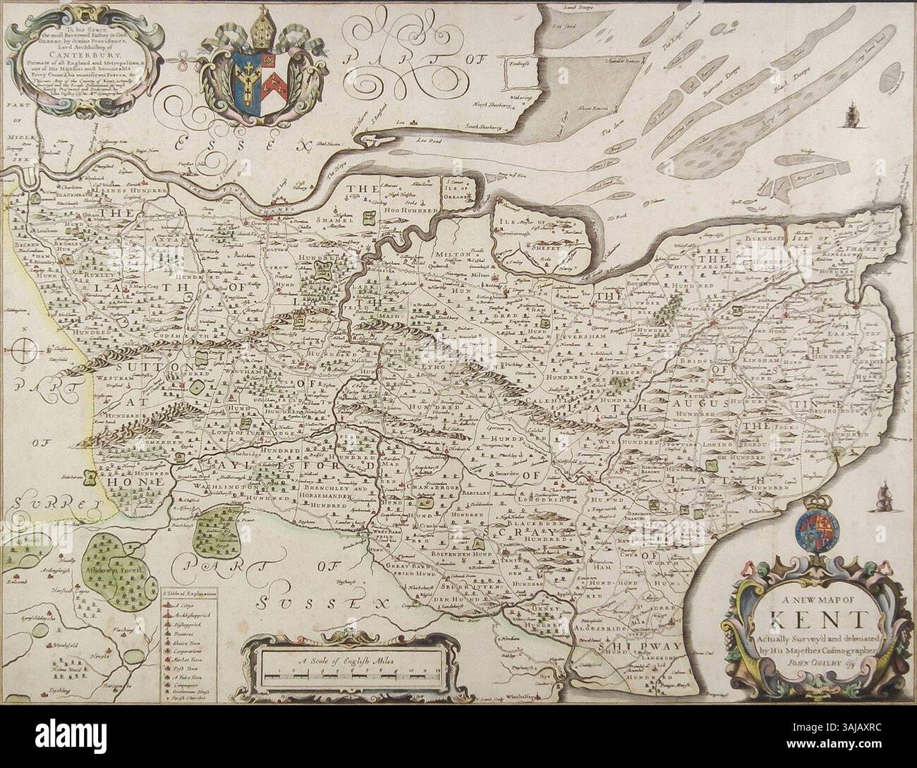 'New Map of Kent' by John Ogilby, 1672/1678. An engraved map detailing ...