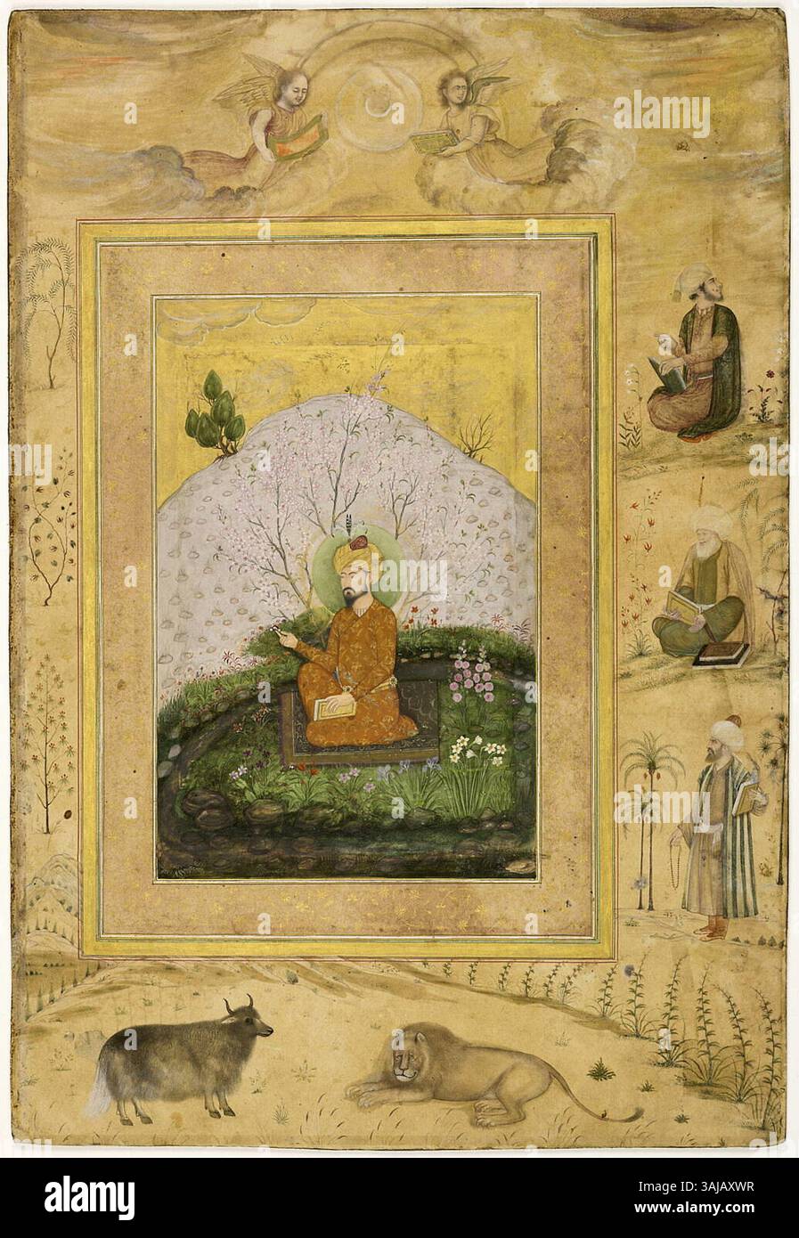 This 1650 portrait of Babur, from the Late Shah Jahan album, is a detailed miniature painting ...