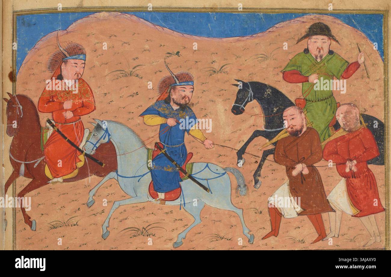 This miniature depicts Mongol soldiers with their prisoners, showcasing ...