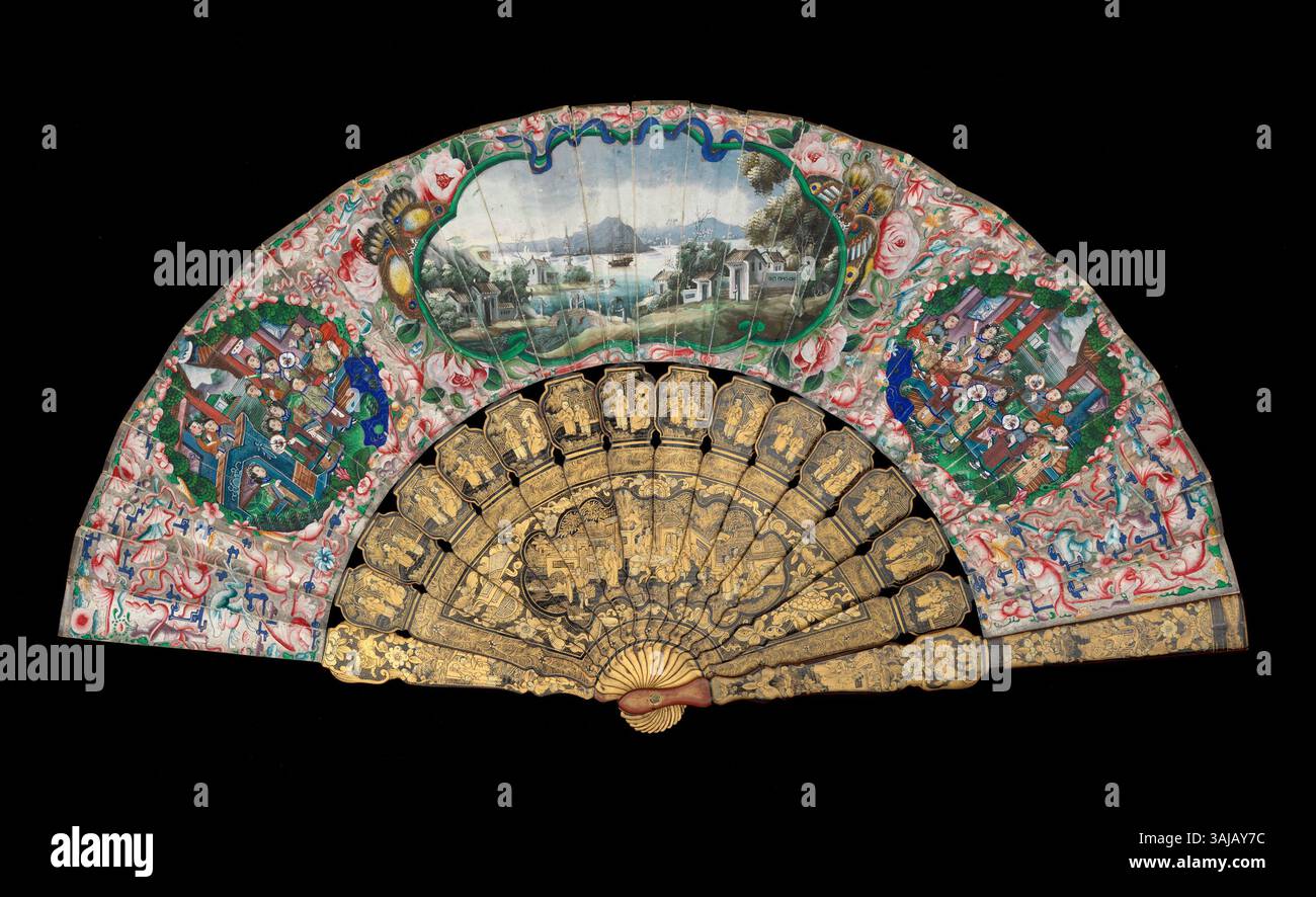 This folding fan, created around 1840 in Guangdong, China, depicts a ...