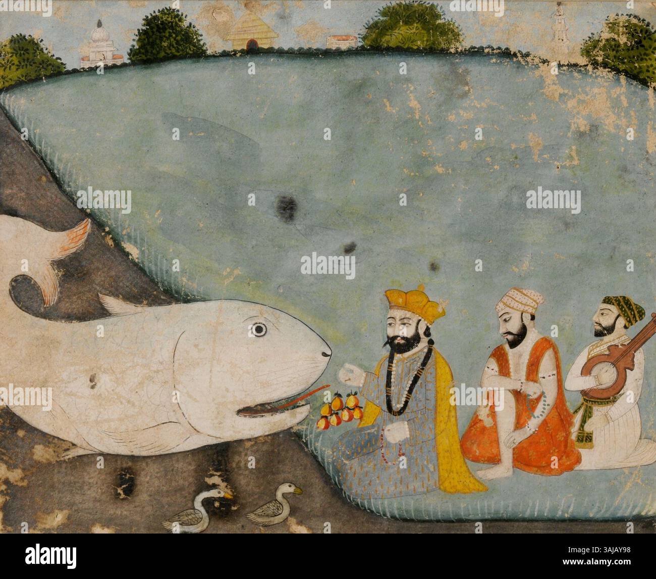 This painting from 1825-1875 depicts Guru Nanak with his companions Bala and Mardana, alongside ...