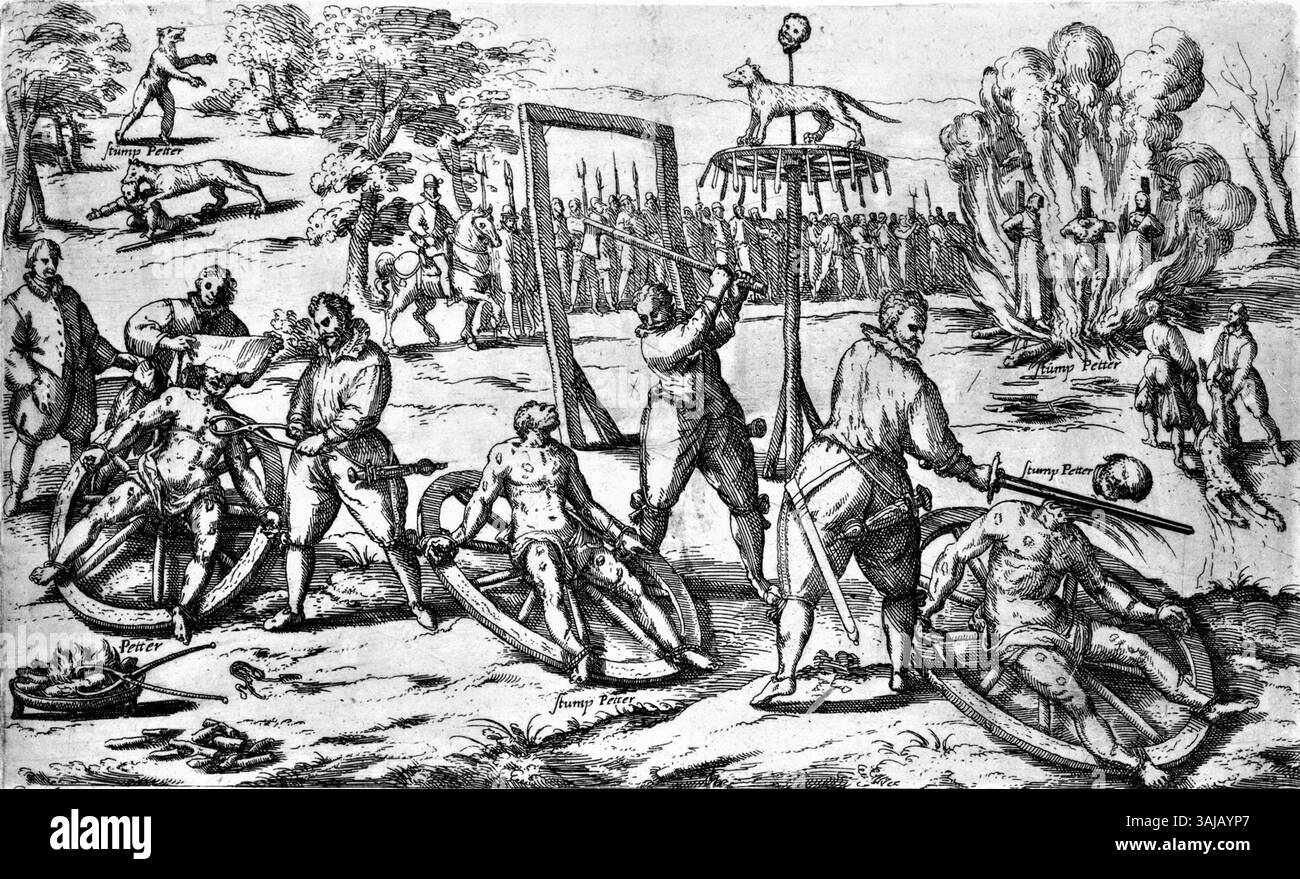 This woodcut depicts the 'breaking wheel' execution device used in ...