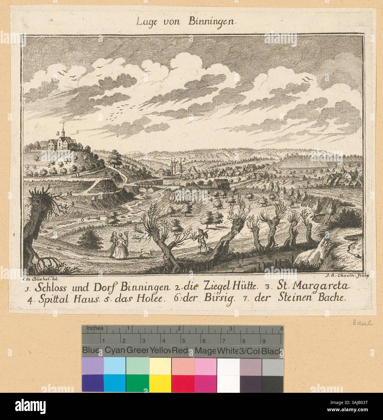 An etching of Binningen in the Basel Canton, created by Emanuel Büchel ...