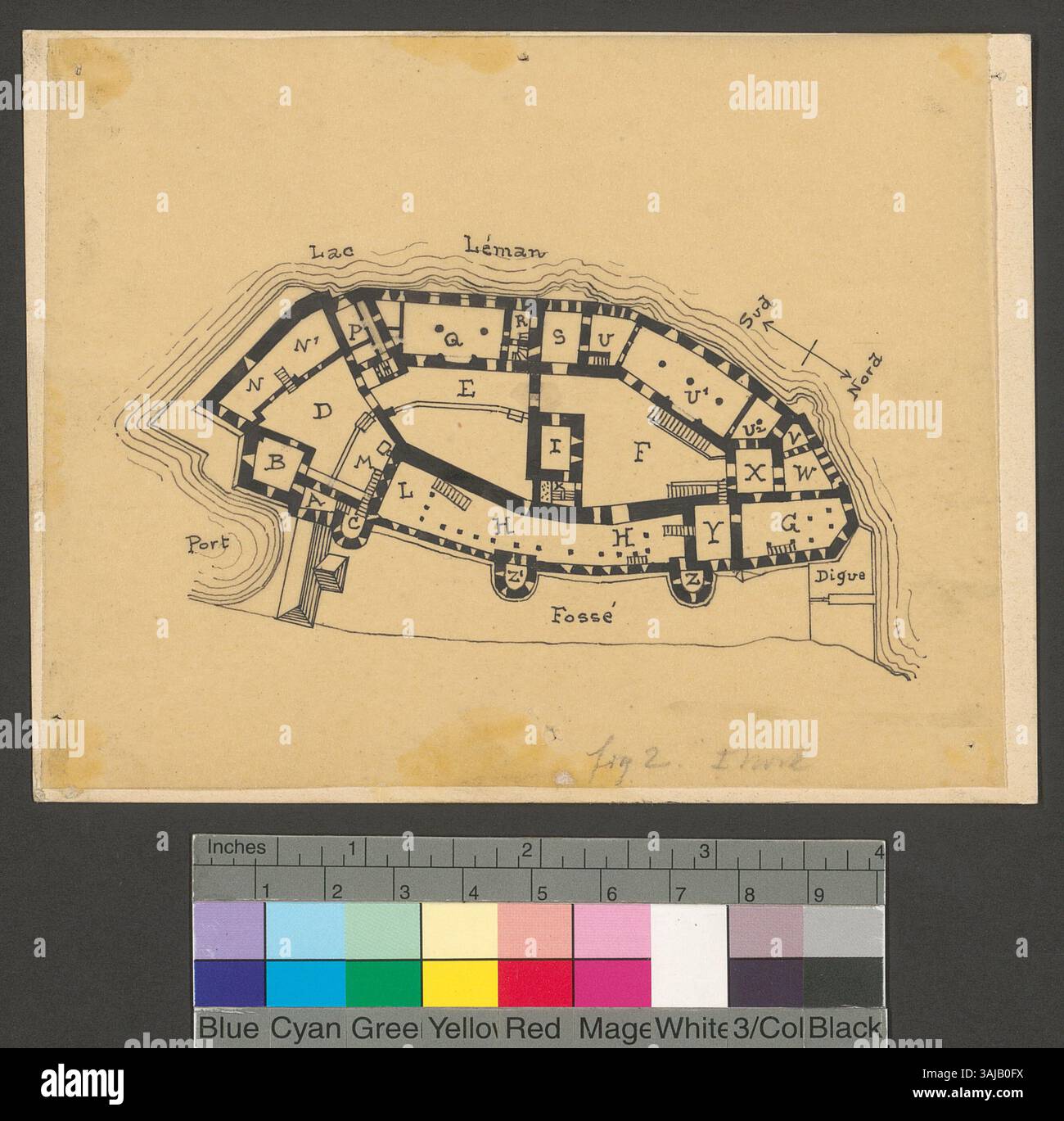 A floor plan of the first story of Château de Chillon, created between ...