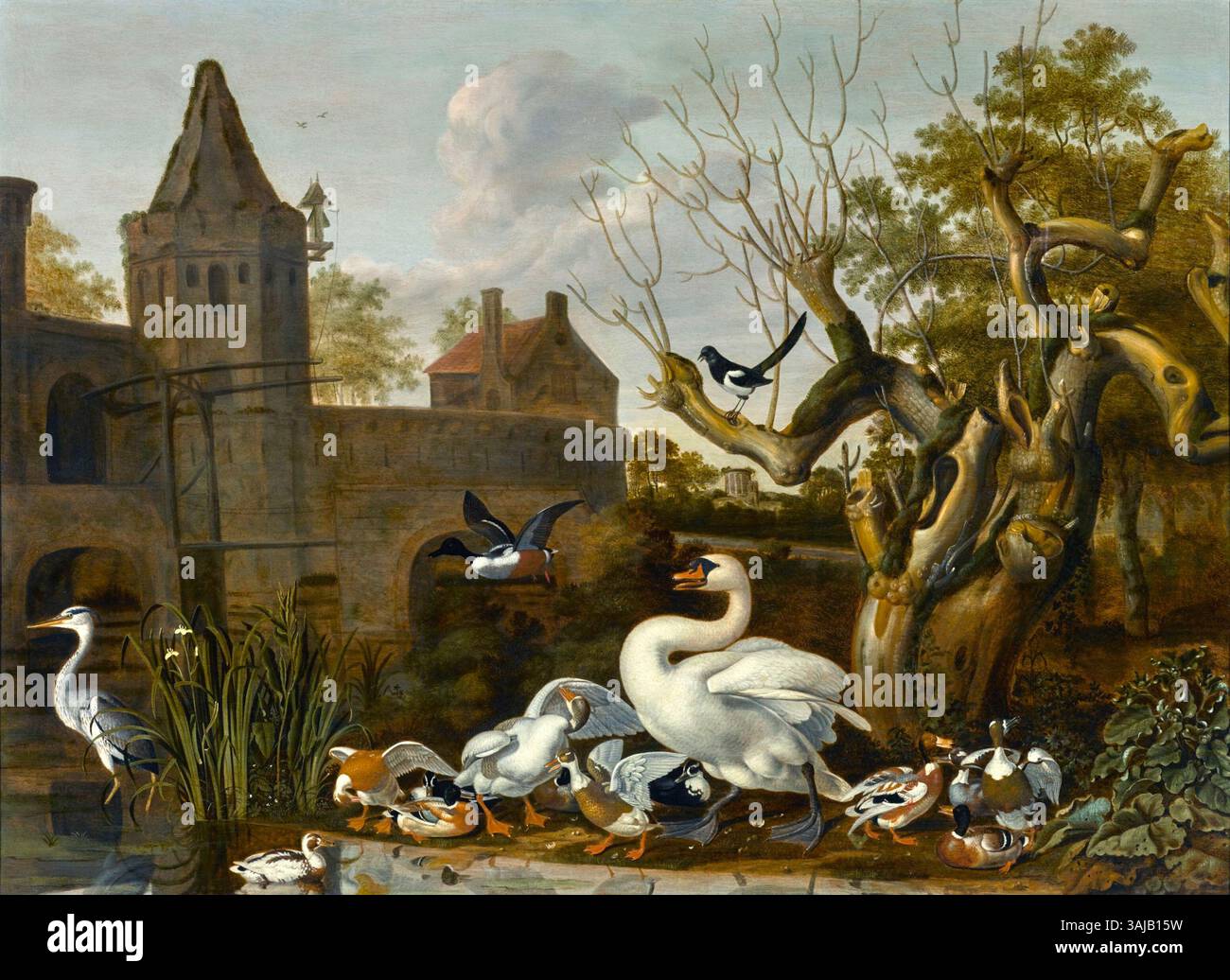 A 17th-century oil painting by Dirck Wijntrack, showing a castle moat ...