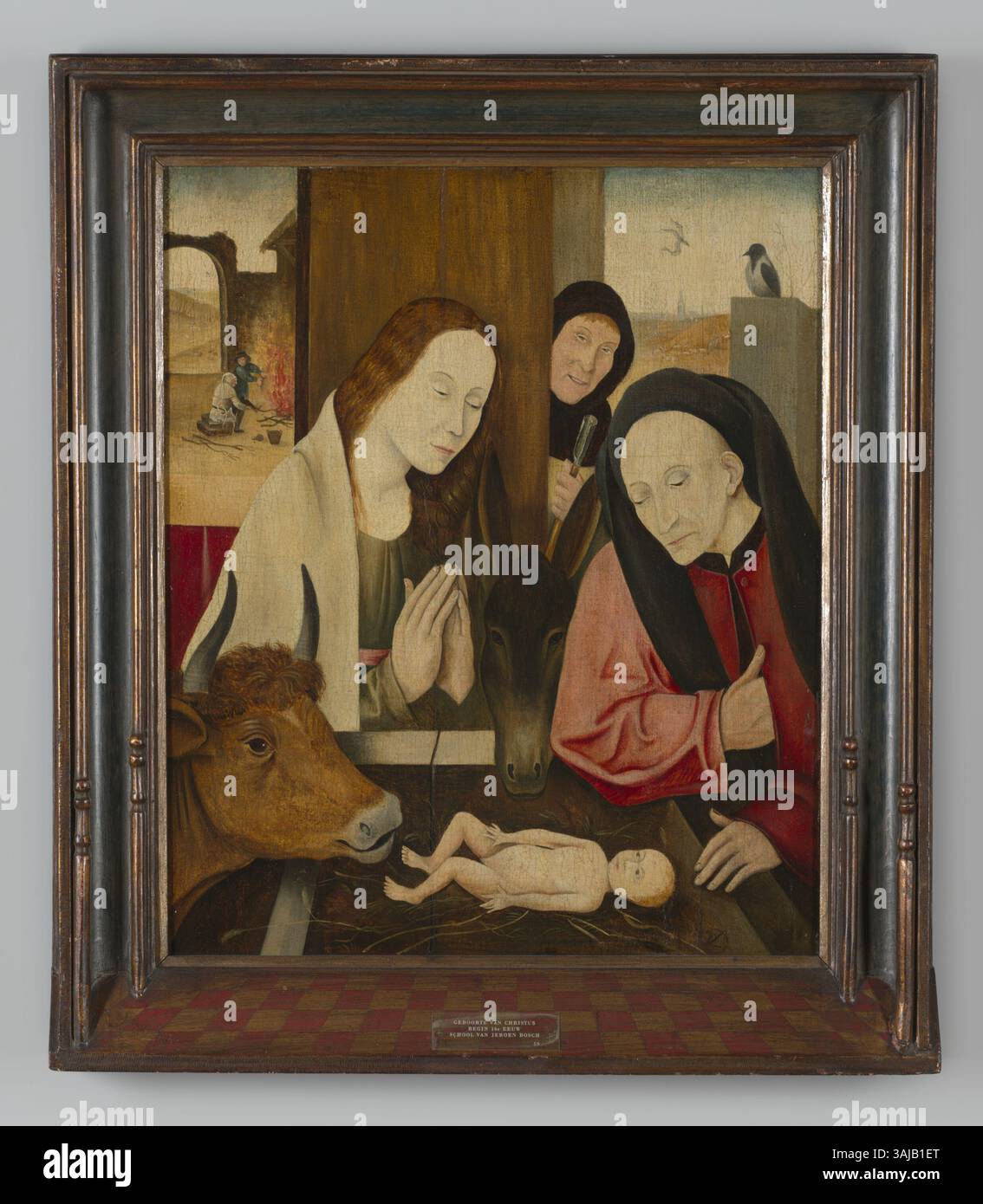 A panel painting depicting the Nativity scene, 'Stal van Bethlehem ...