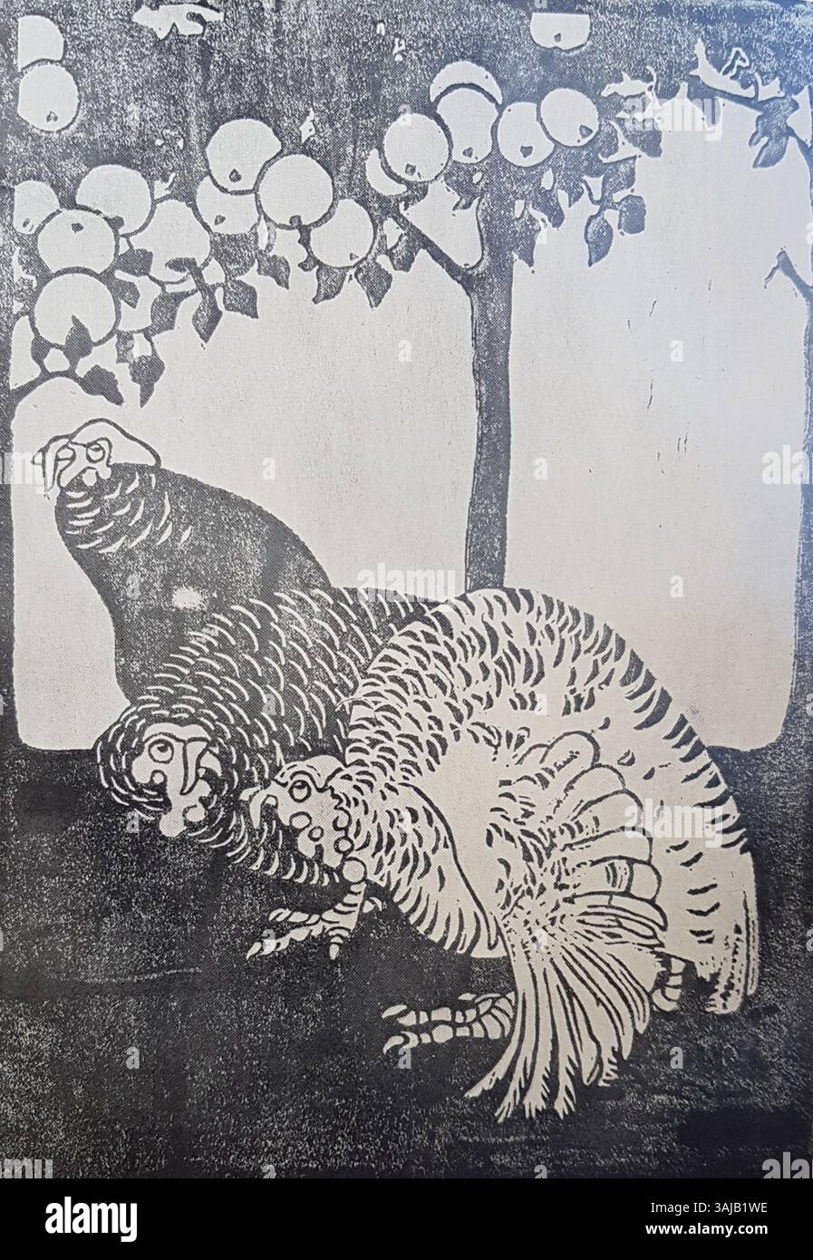 A reproduction of a color woodcut created by Carl Petersen. The work ...