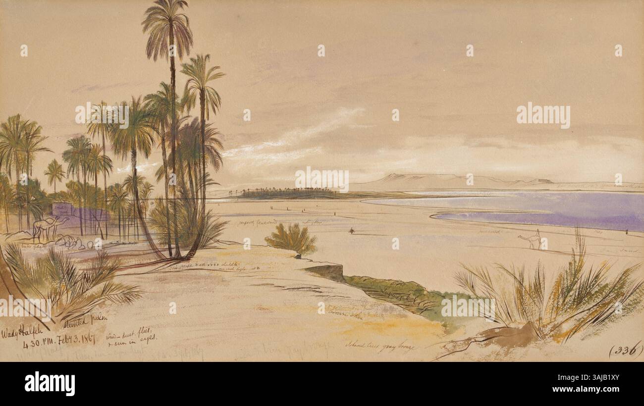 Edward Lear's 1867 view of Wadi Halfa, Sudan, features a desert ...
