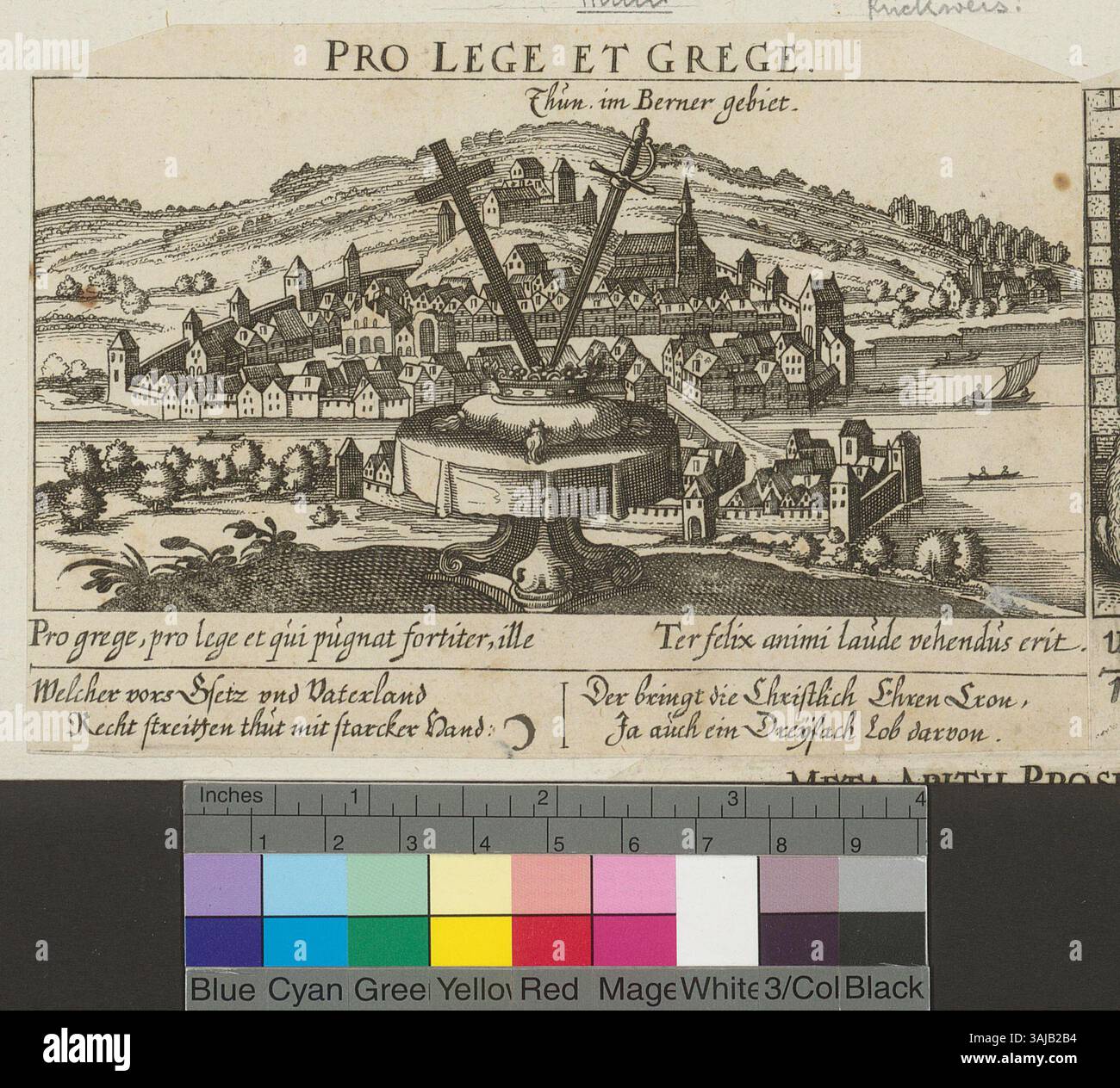 View of Thun, Switzerland, circa 1626, with symbolic elements like a ...