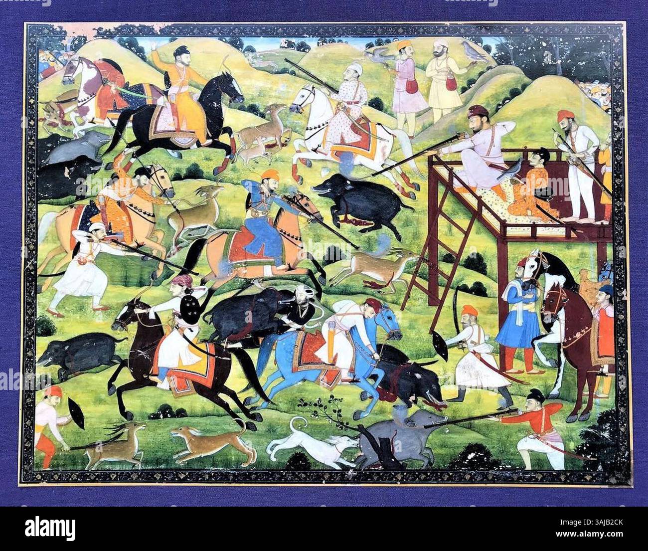 This 1820-1830 painting depicts Sikhs hunting wild boar from a platform ...