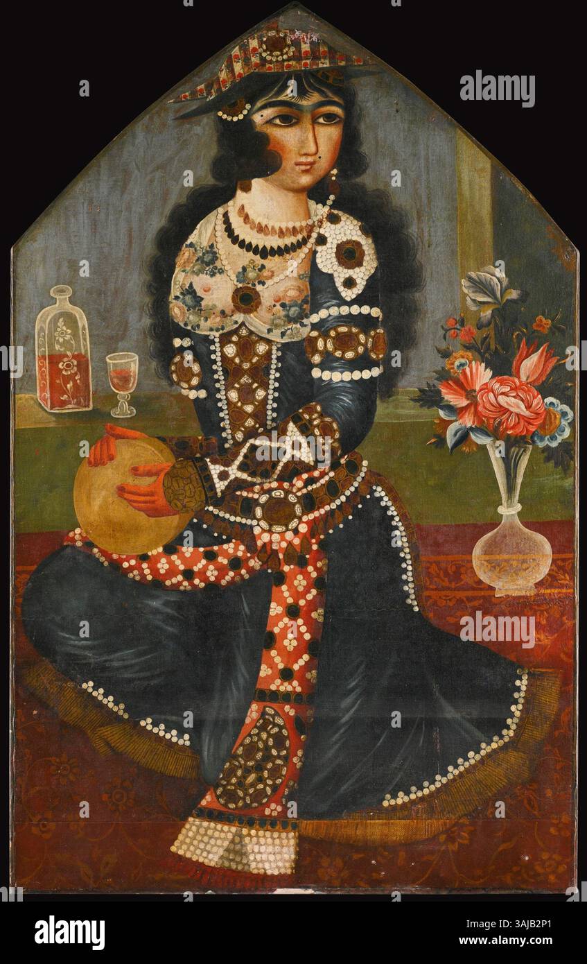 This early 19th-century painting from Qajar Iran depicts a woman ...