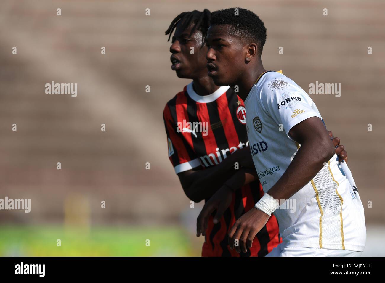 Milan, Italy. 9th Apr, 2025. Yael Trepy of Cagliari Calcio and Victor ...