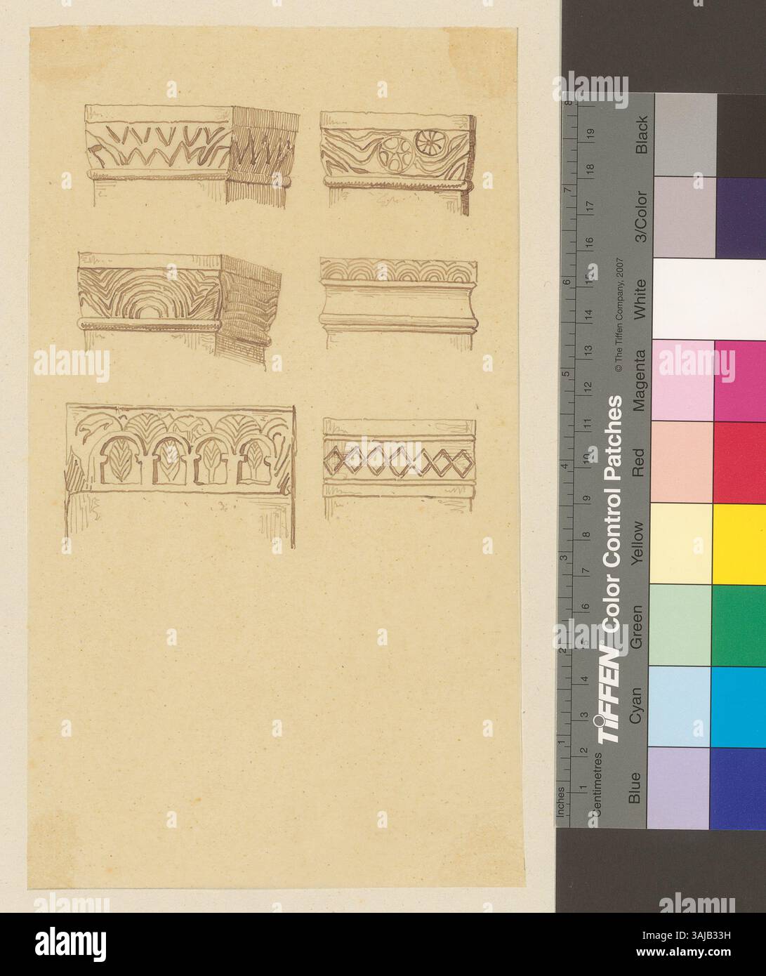 A view of the capitals in the upper gallery of the porch at ...