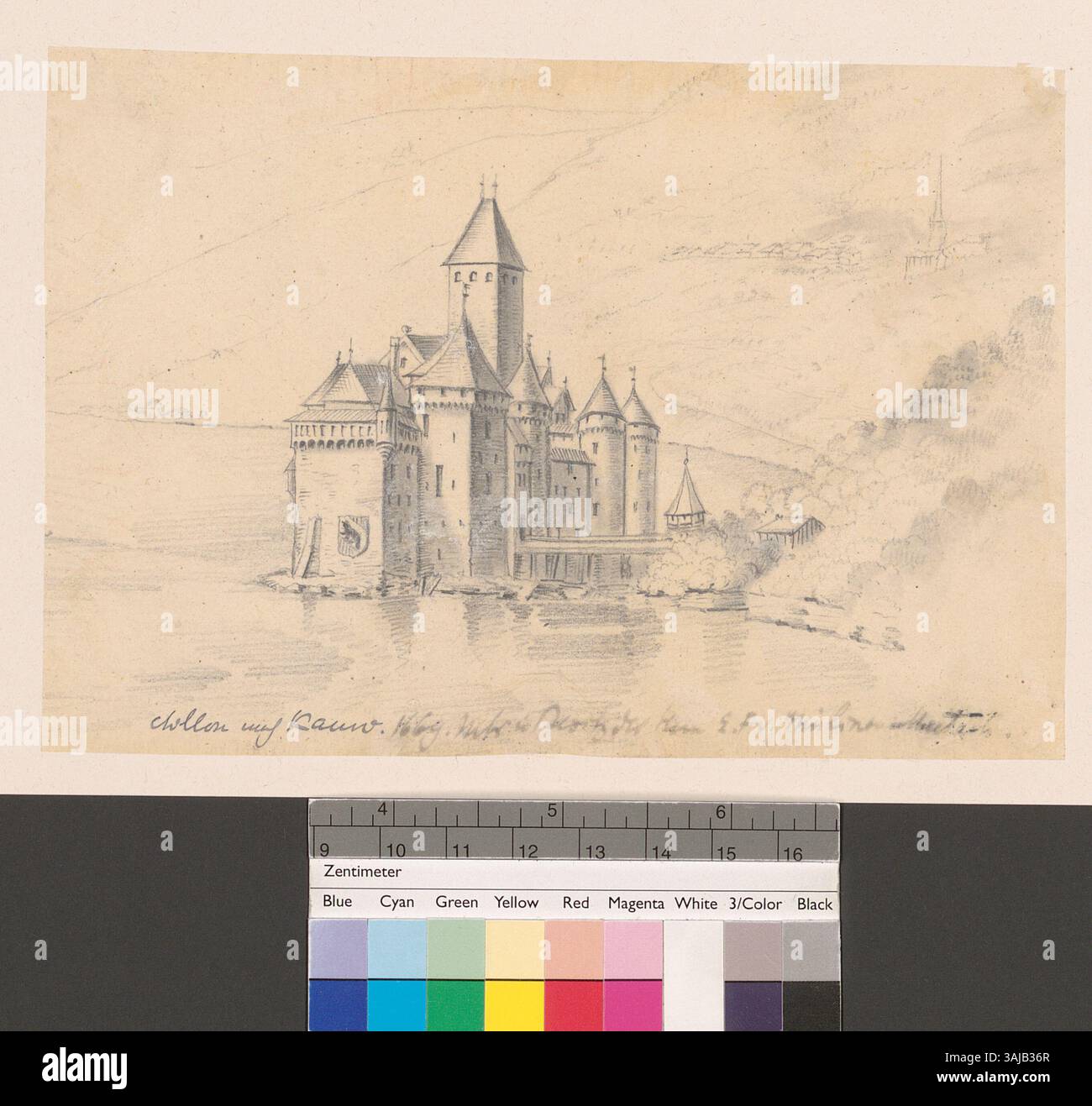 This image presents an exterior view of Chillon Castle in Veytaux ...