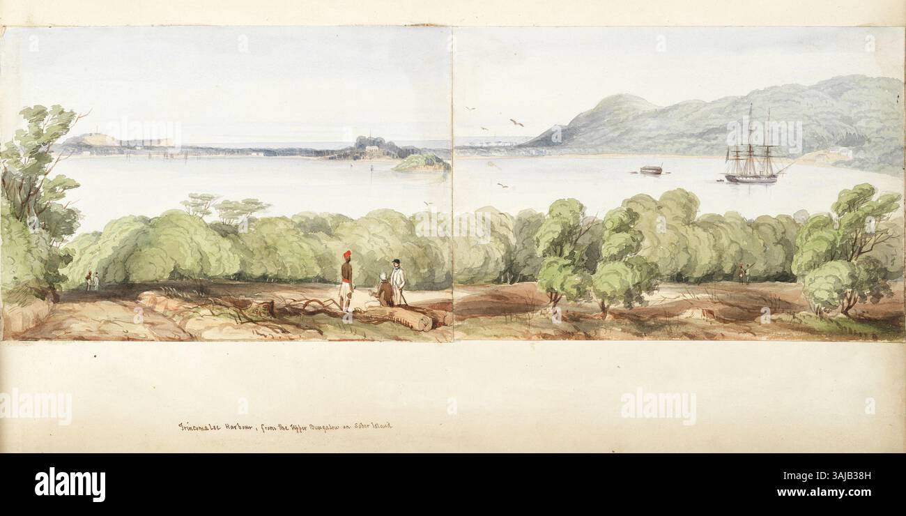 A watercolor depicting Trincomalee Harbour as viewed from the upper bungalow on Sober Island in ...