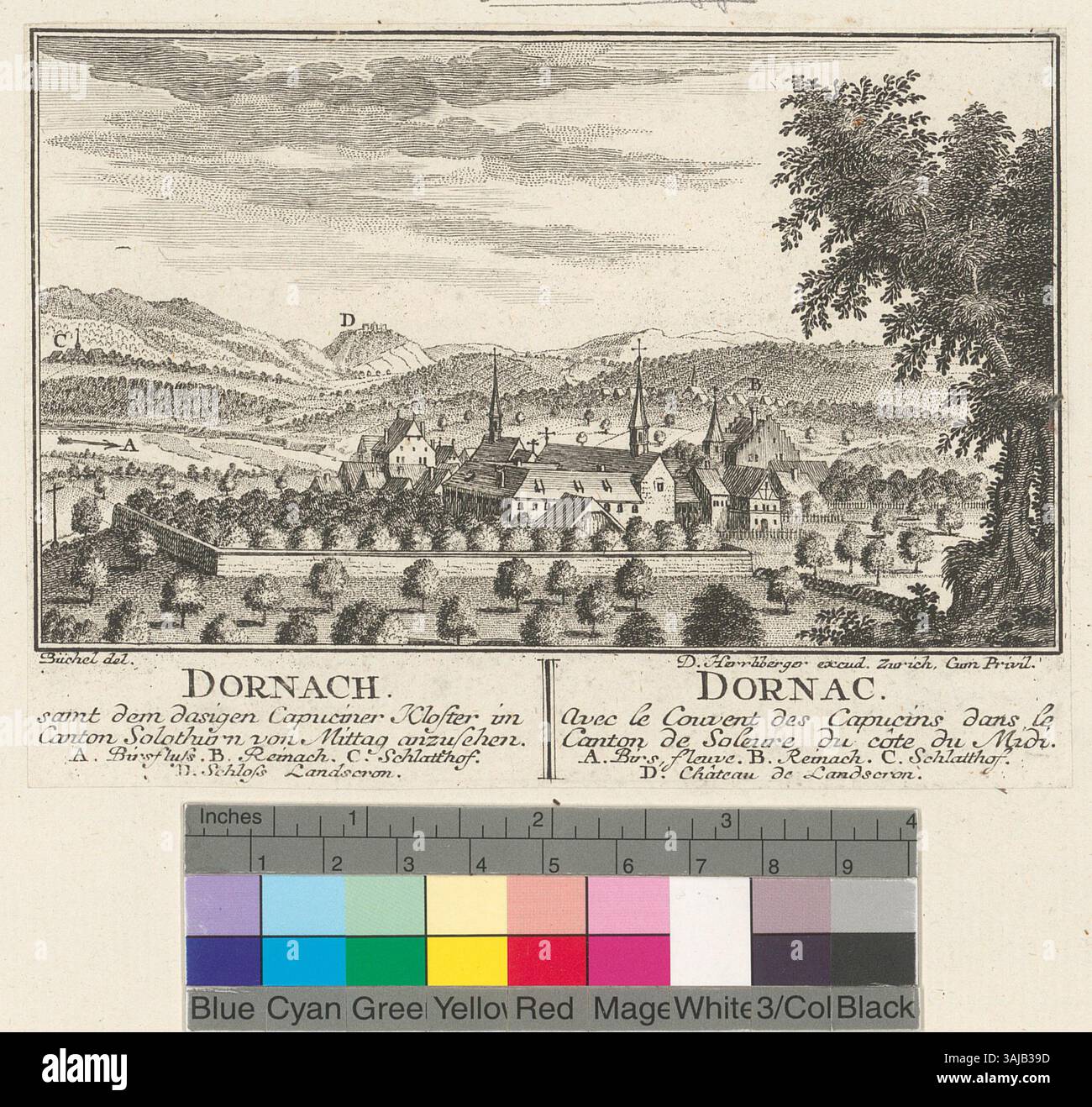 A 1758 etching of Dornach in the Canton of Solothurn, showing the ...