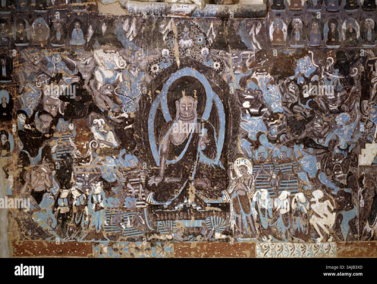 Mogao Cave 254, circa 470 CE, depicting the Attack of Mara. A vivid ...
